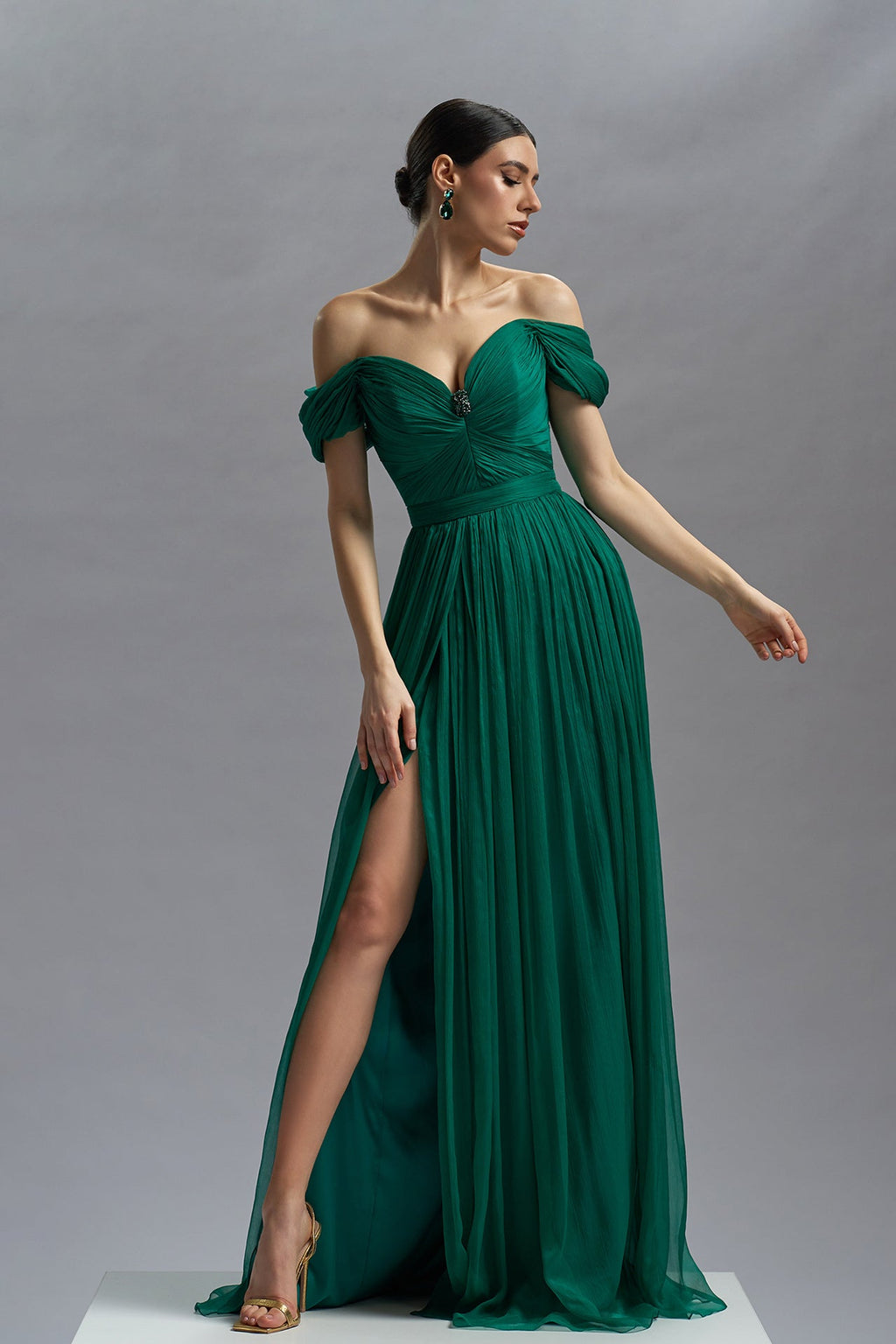 Off shoulder pleated silk chiffon dress – HERTROVE