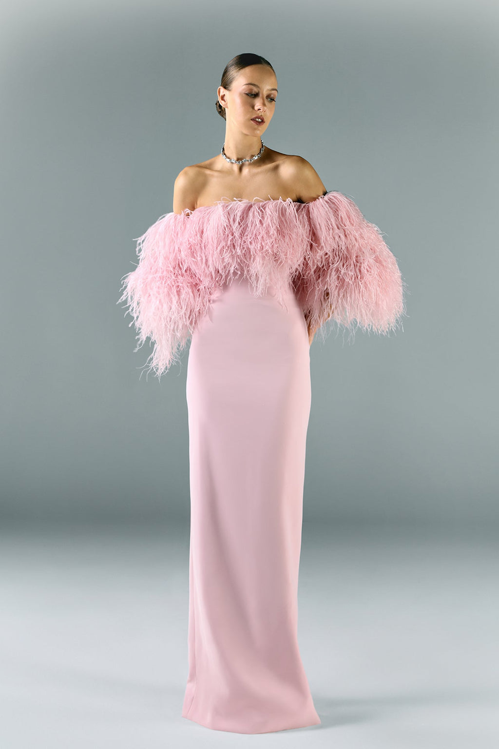 Off shoulder column crepe dress with feather – HERTROVE