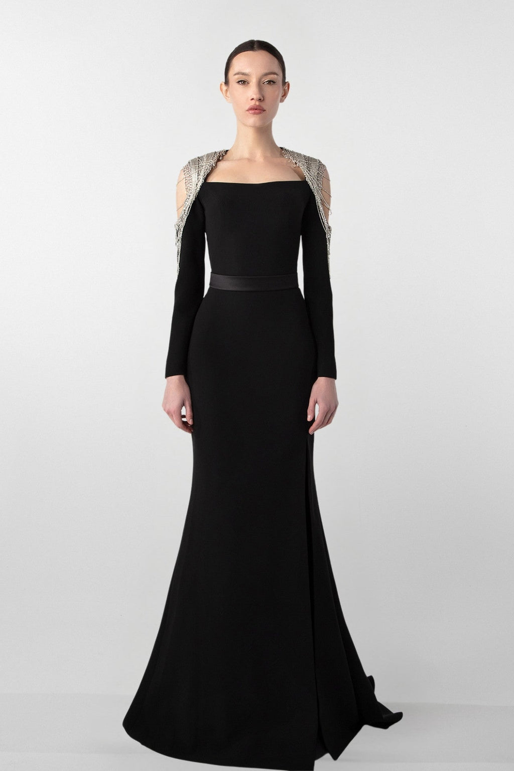Chain Embellished Crepe Gown with Satin Belt – HERTROVE
