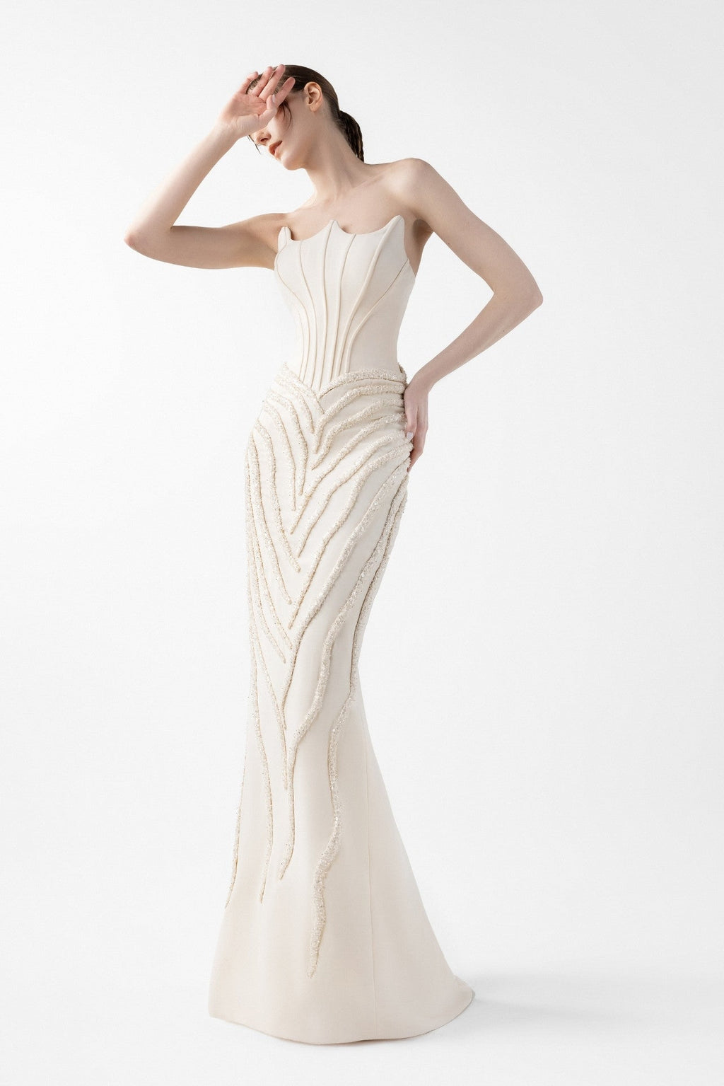 Corset Crepe Gown With Ribbed Vein Beading – HERTROVE