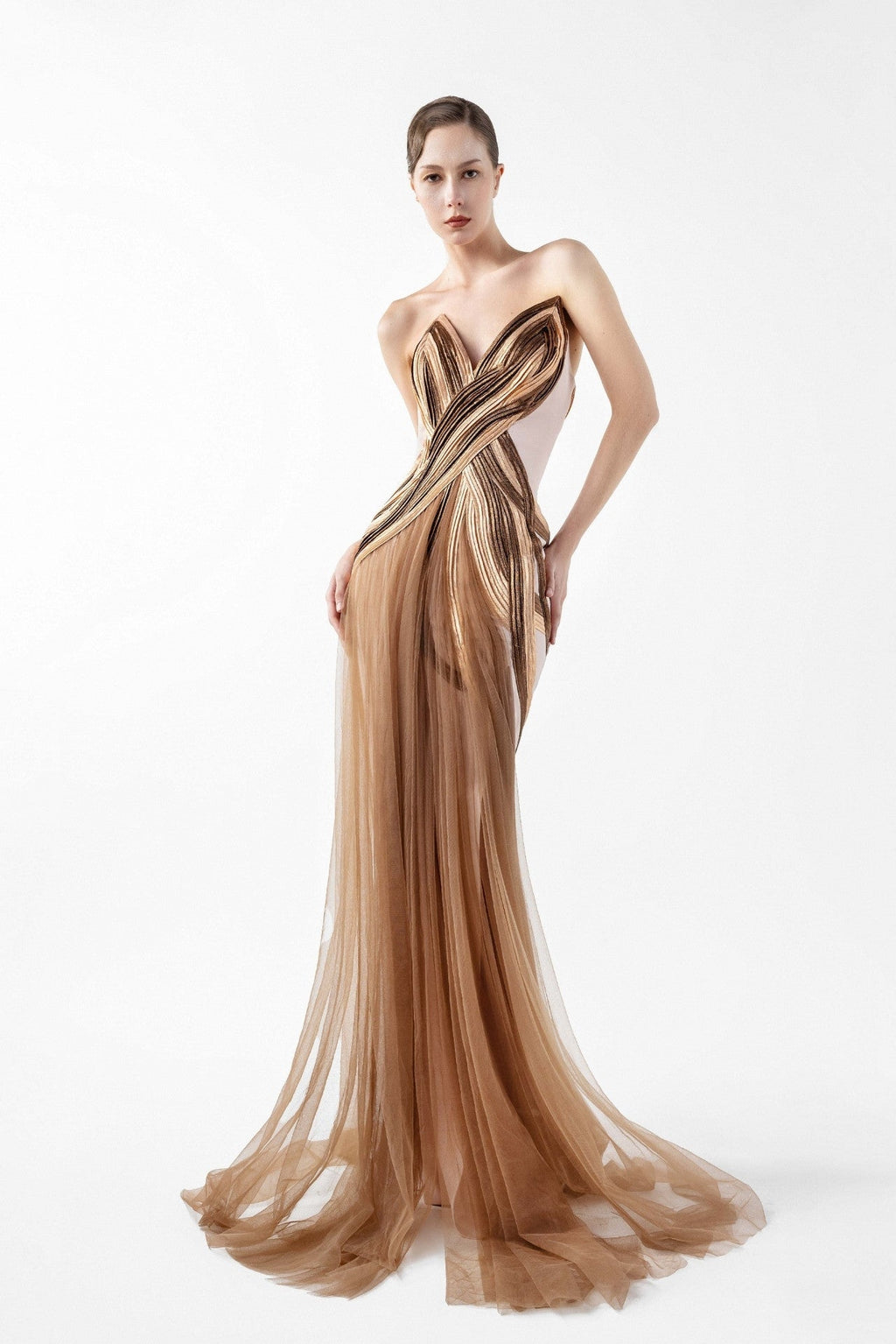 Gown with Architectural Sleeves and Sculpted Lines – HERTROVE