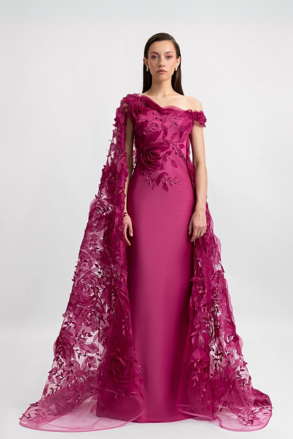 Fuchsia Cape Column Gown – HERTROVE