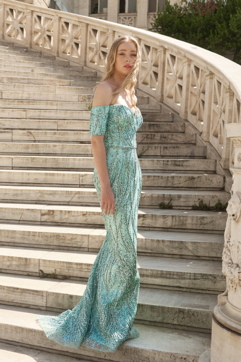 Icy Blue Off-Shoulder Sequin Gown – HERTROVE