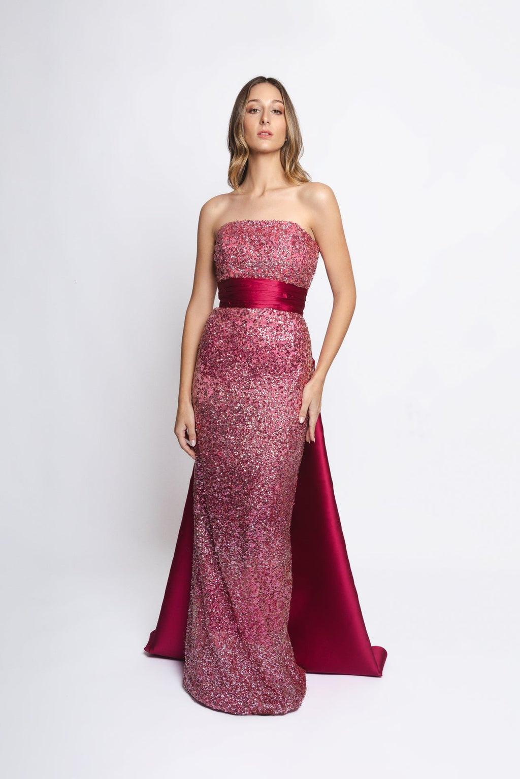 Pink multi strapless gown with mikado train – HERTROVE