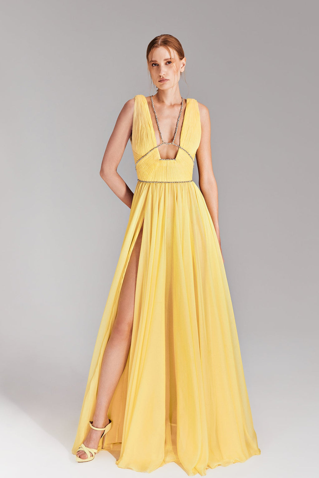 Pleated chiffon dress with lines of embroidery (FR40 - In Stock) – HERTROVE