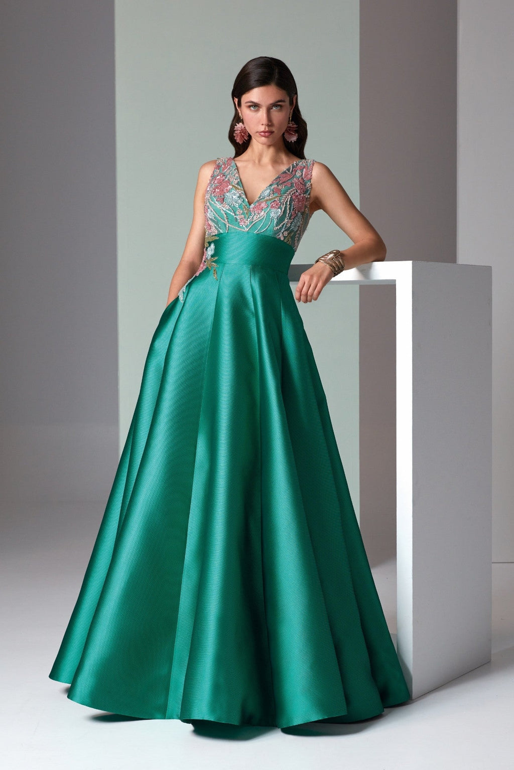 A-Line Gown with Embroidered Sheer Bodice and V-Neckline – HERTROVE