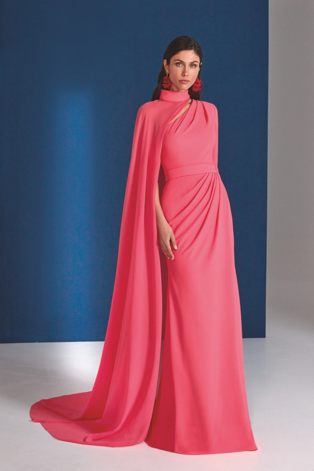Cape Gown with High Neck and Draped Waist Detail – HERTROVE