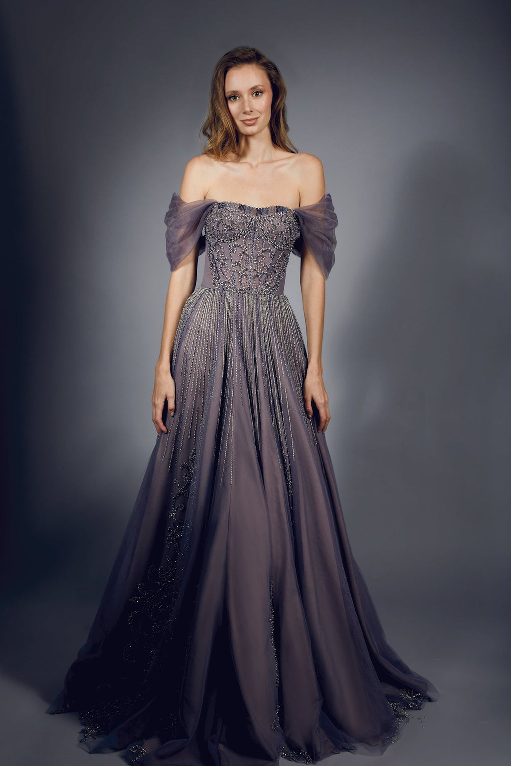 Off shoulder tulle dress with beaded stripes – HERTROVE