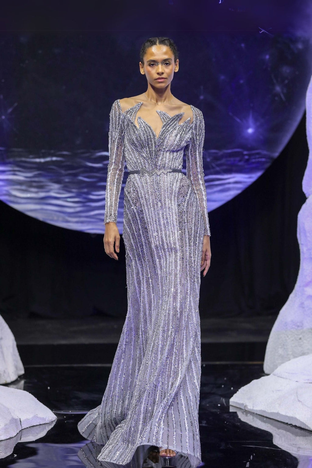 Embellished Gown with Architectural Neckline and Flowing Silhouette ...