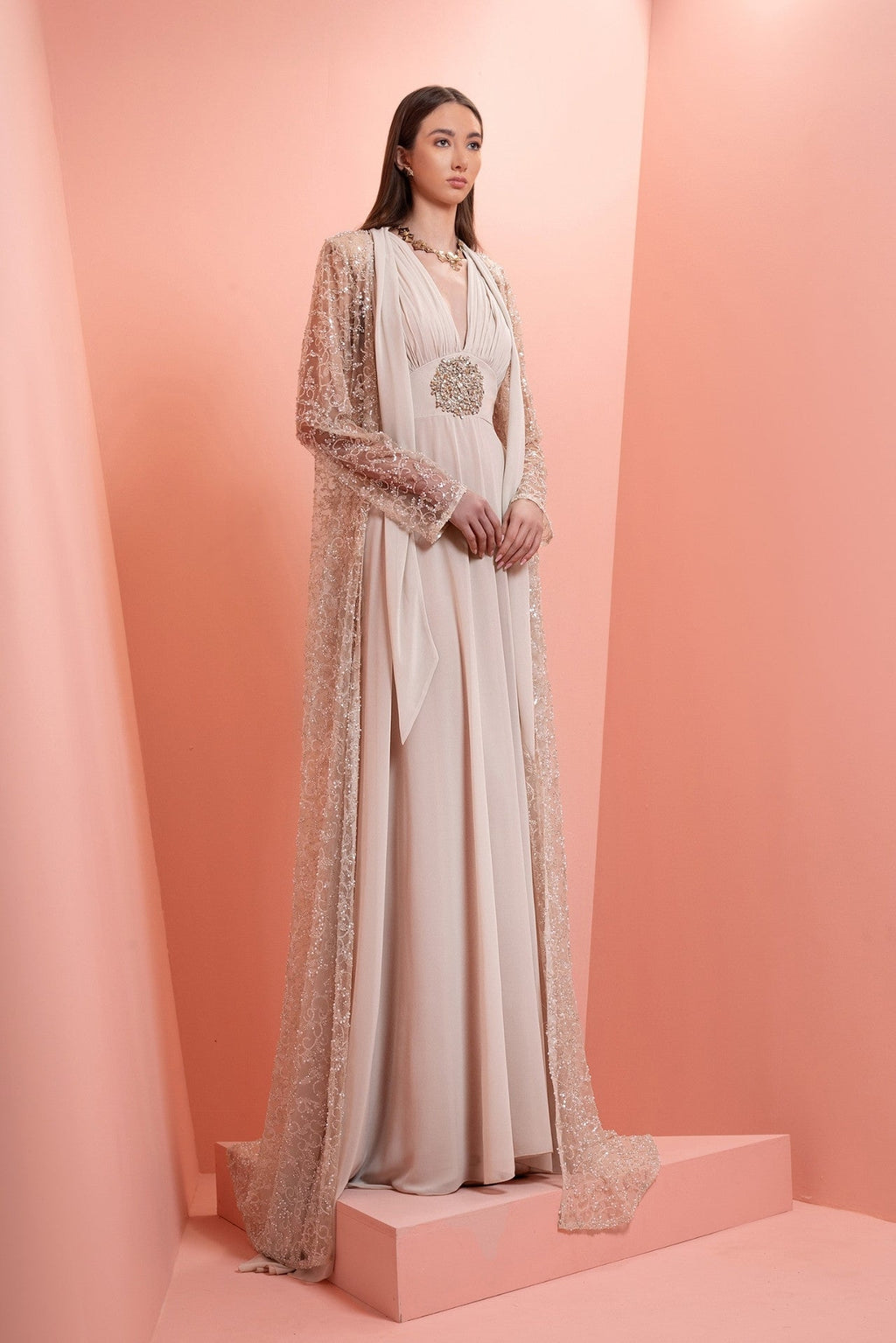 Long column dress with fully beaded cape – HERTROVE