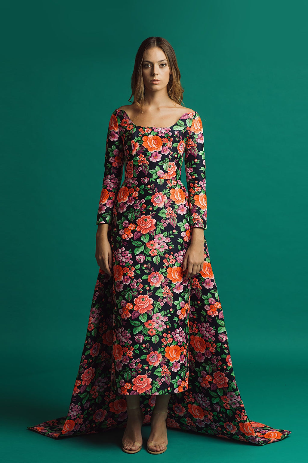 Floral textured long sleeves midi dress – HERTROVE