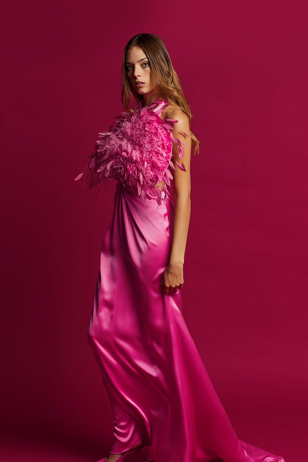 Feathered bodice sweep train gown – HERTROVE