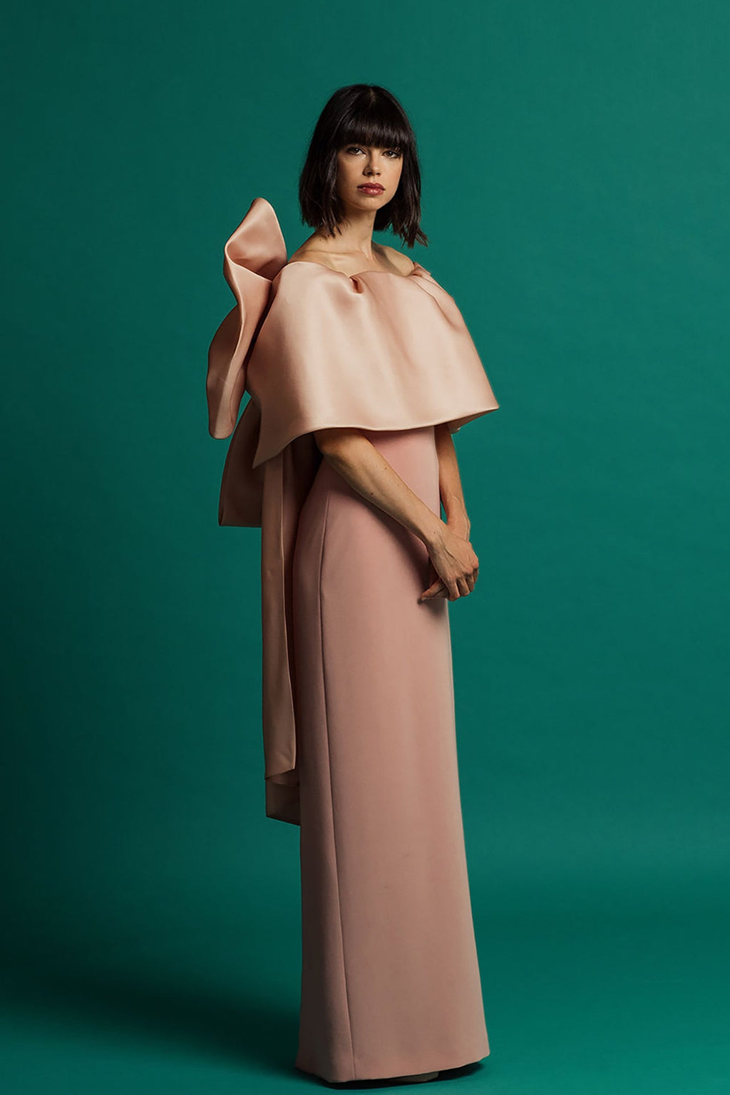 Crepe column dress featuring cape style top – HERTROVE