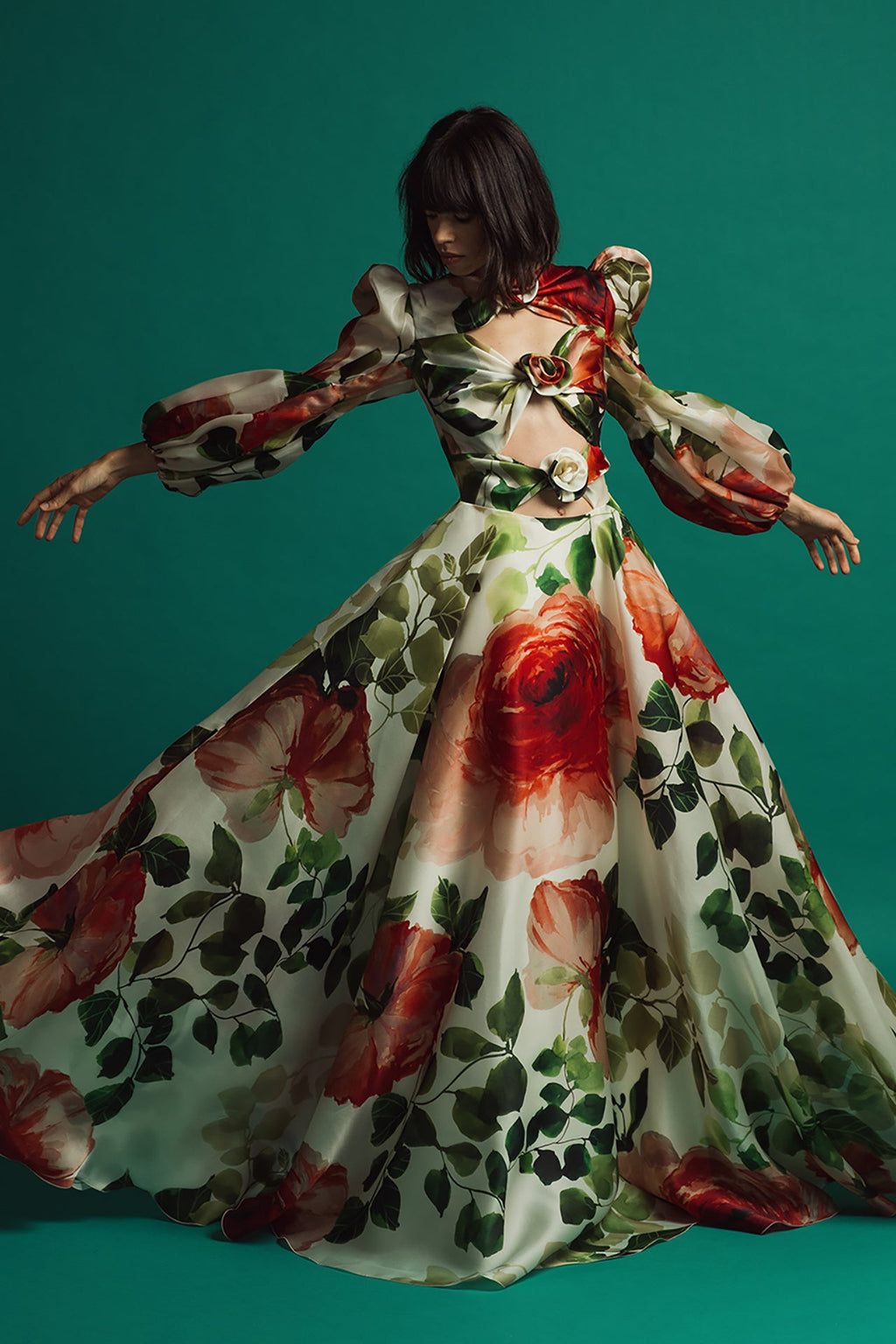 Cut out bodice floral textured gown – HERTROVE
