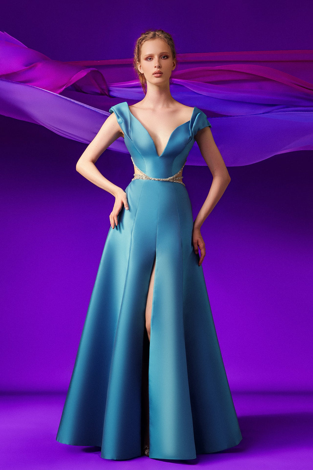 Cutout waistline swarovski beaded middle slit gown – HERTROVE