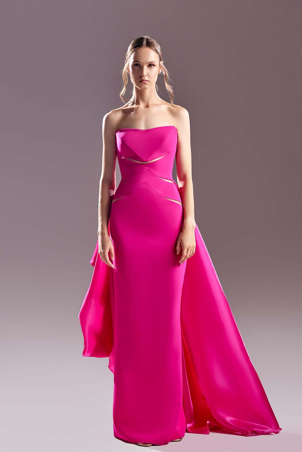 Sleeveless column silhouette dress featuring satin overskirt – HERTROVE