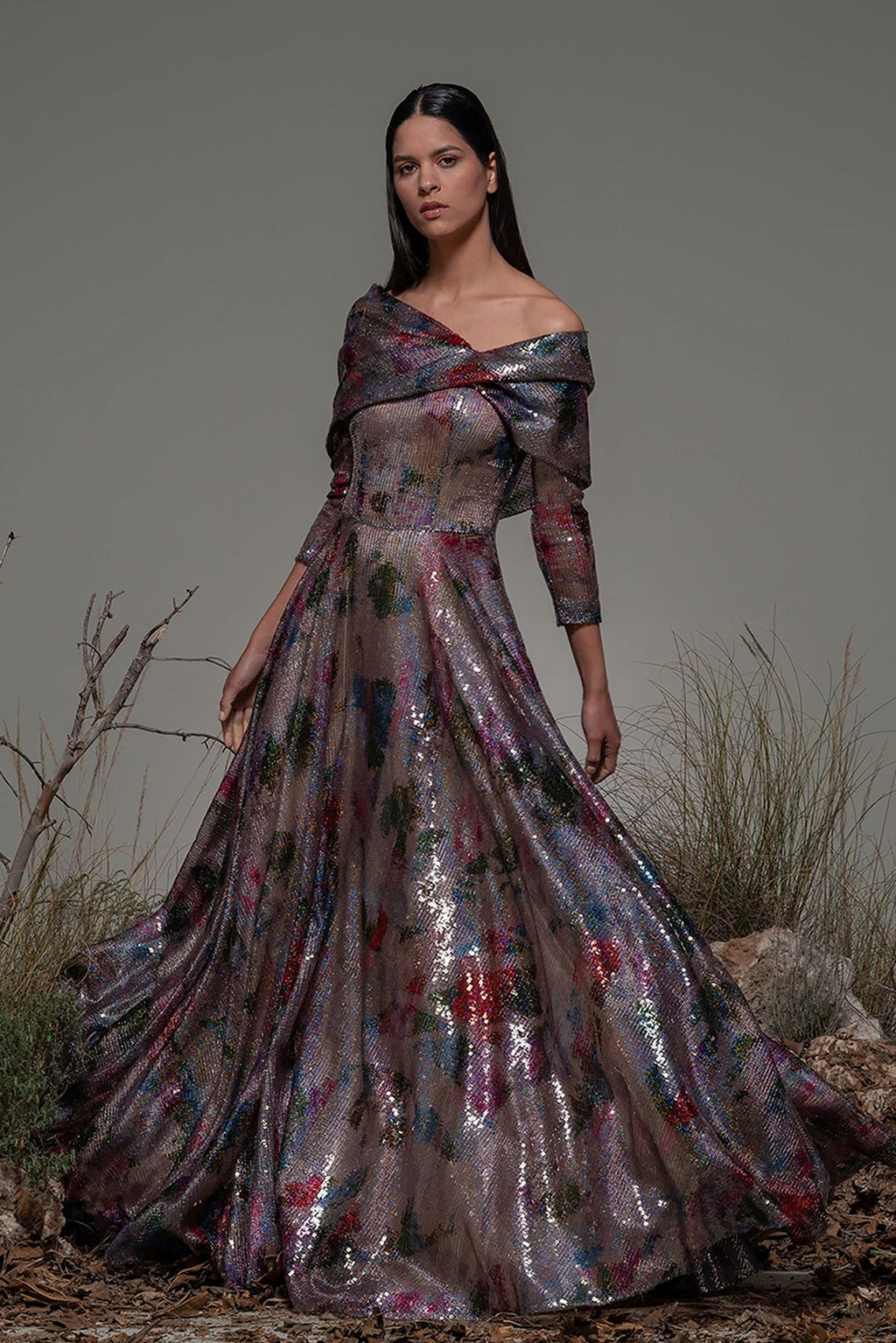 Off shoulder printed fabric gown – HERTROVE