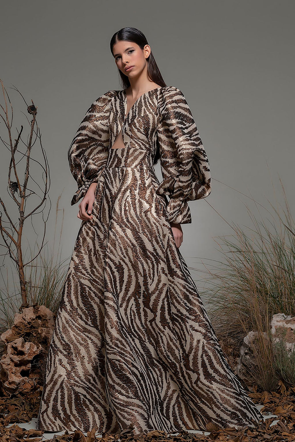 Puff sleeves fitted waistline printed gown – HERTROVE