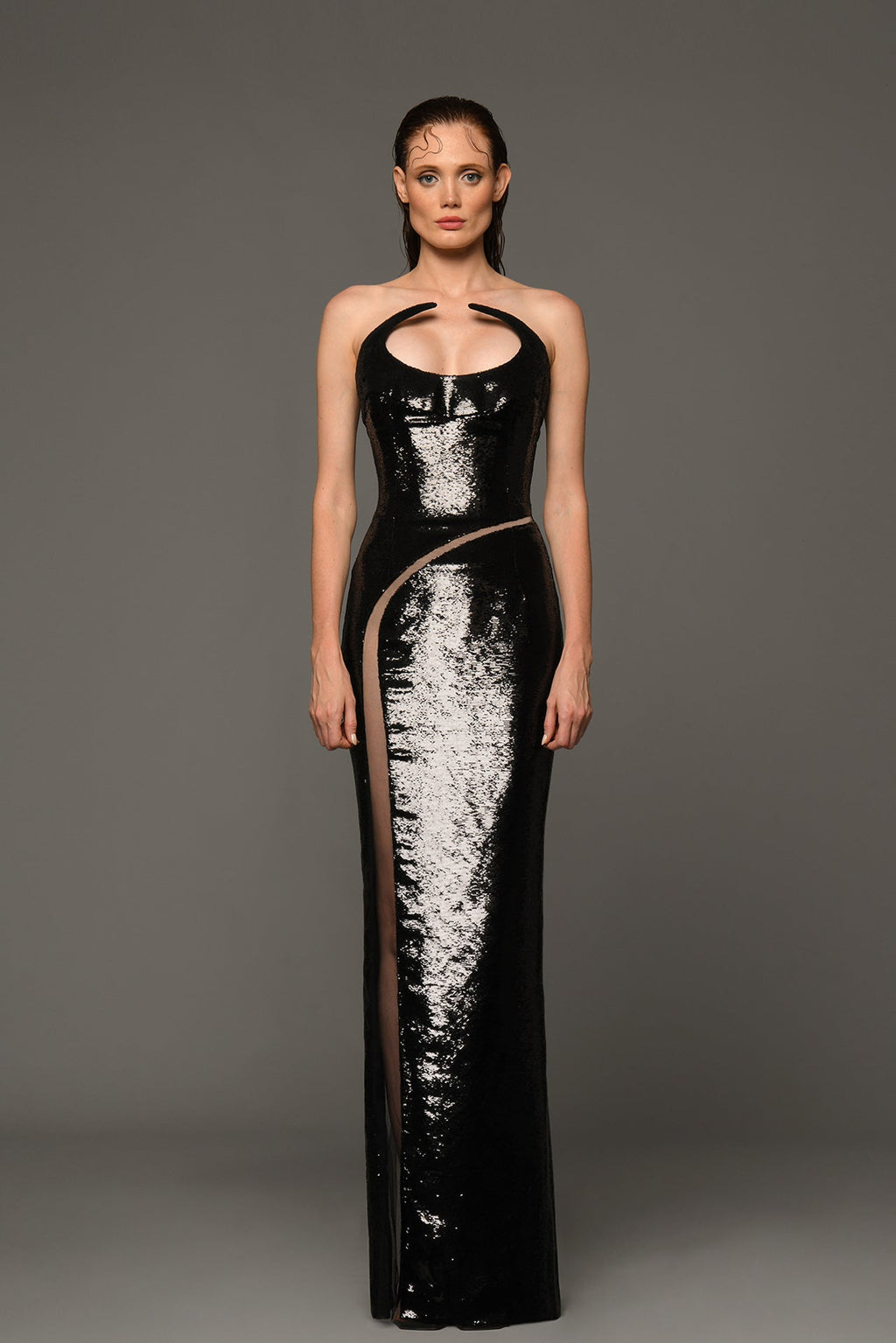Pointed neckline structured sequined dress – HERTROVE