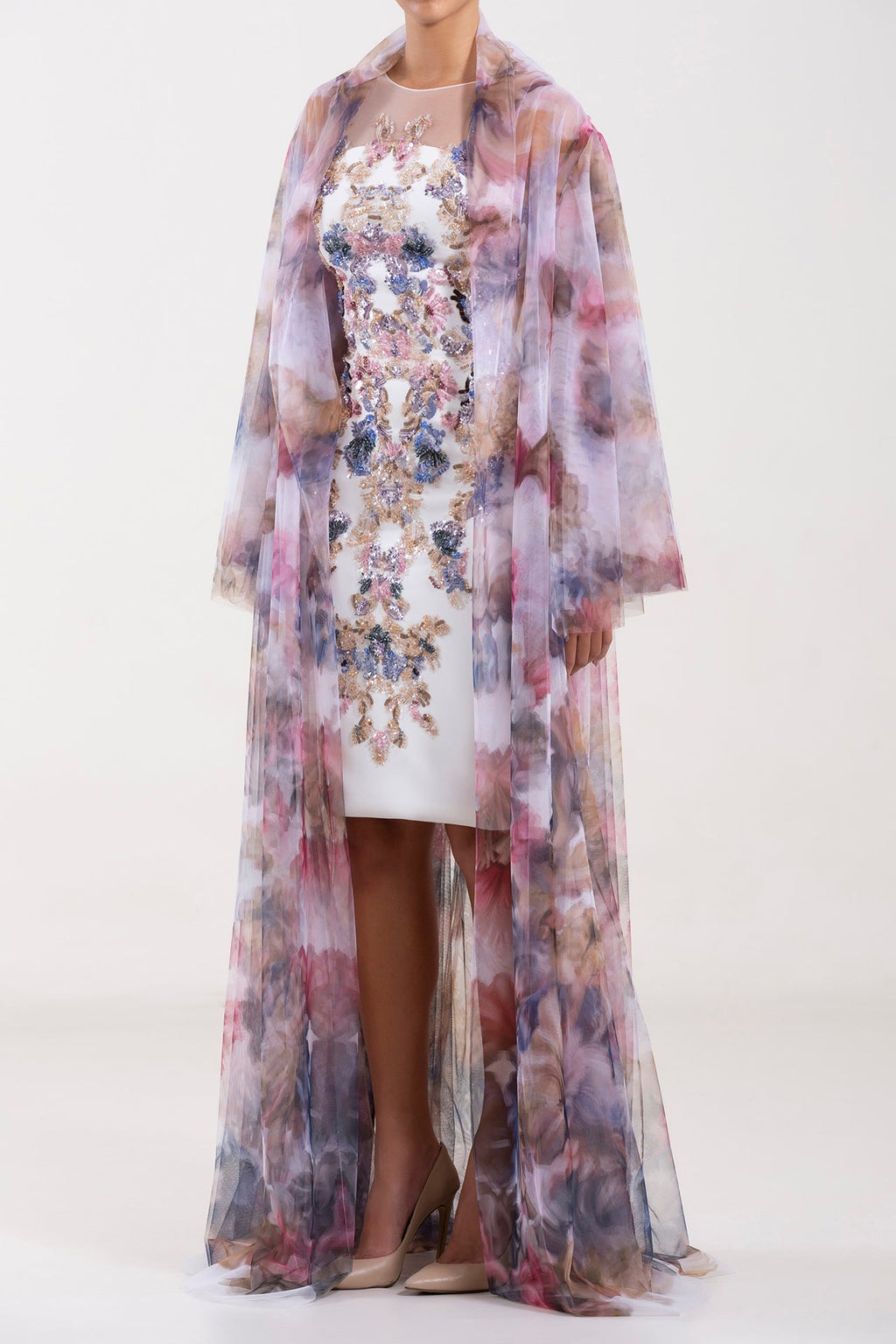 Chromatic beaded dress with printed jacket – HERTROVE