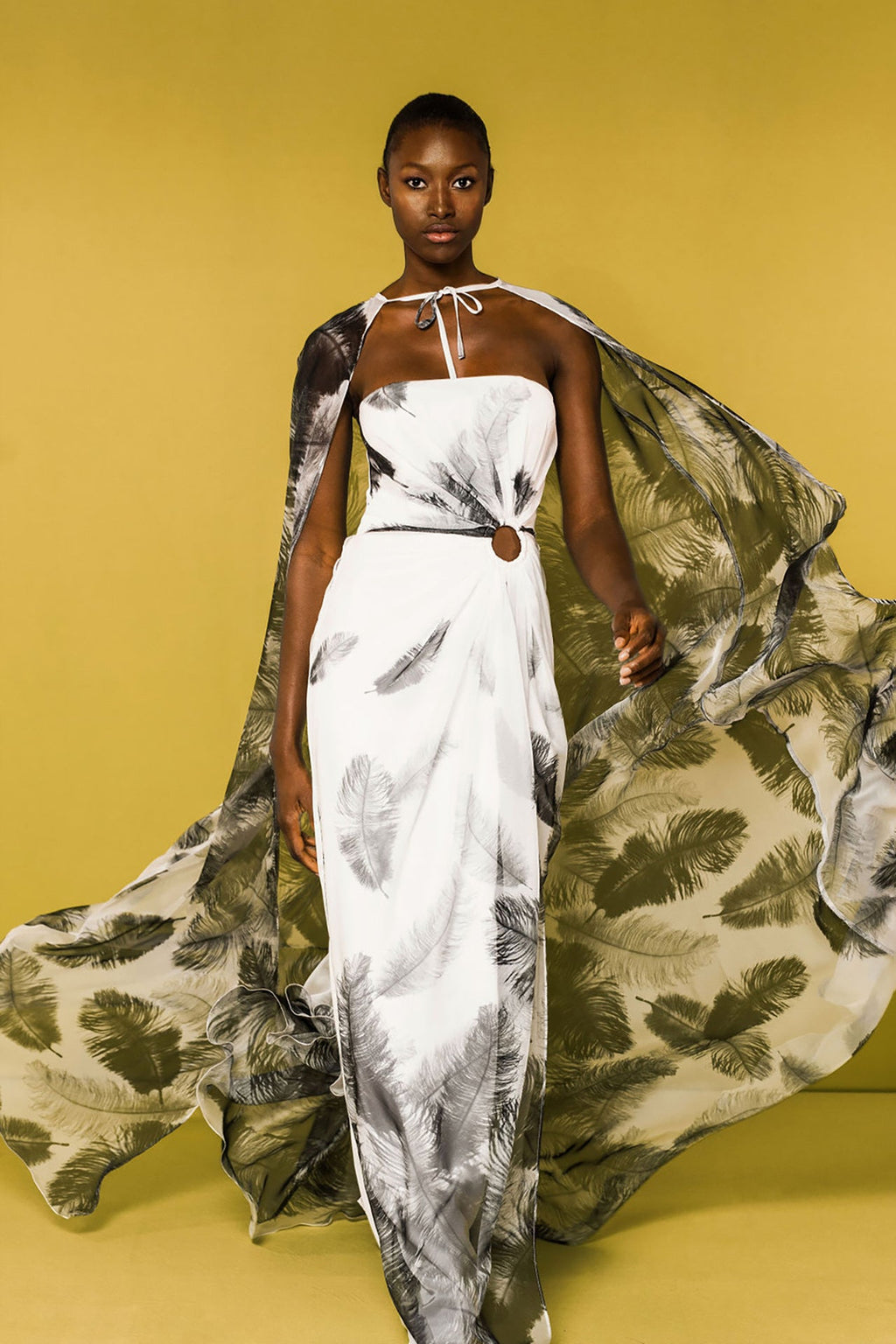 Strapless printed dress with cape – HerTrove